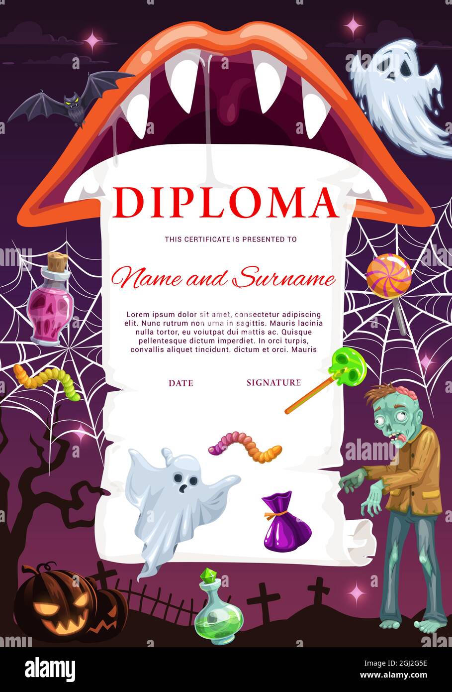 Kids diploma template with Halloween monsters. Child school diploma ...
