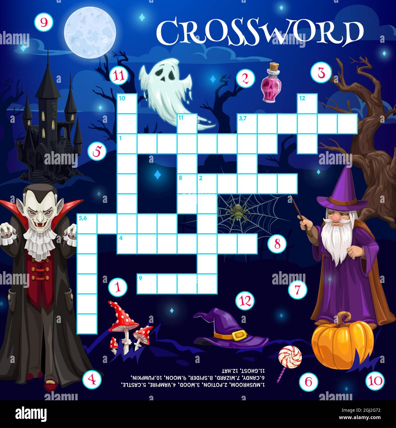 Cartoon Halloween characters crossword grid, find word quiz game ...