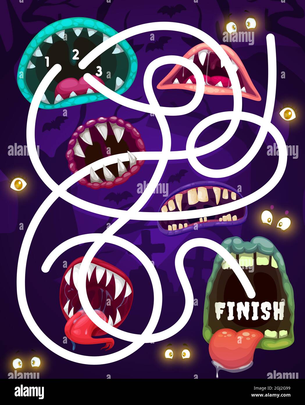 Kids maze game with monster mouths and eyes on cemetery. Vector ...