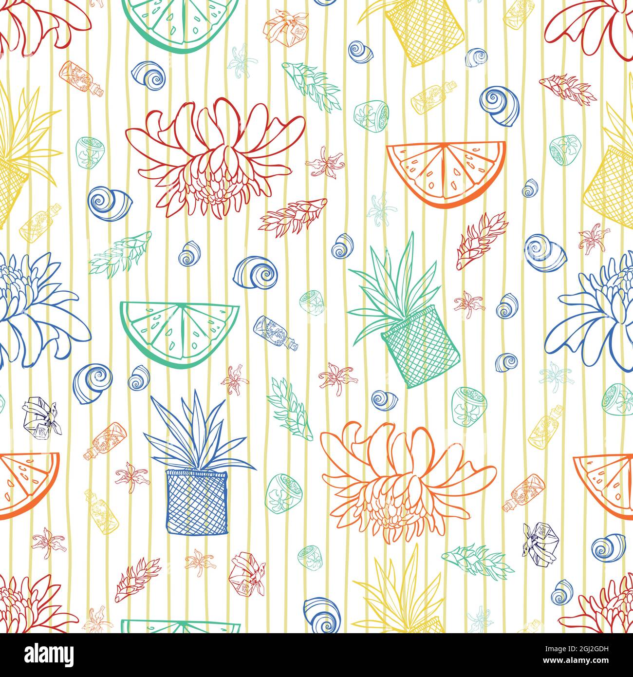 Vector tropical summer seamless pattern with torch ginger flower, lime ...
