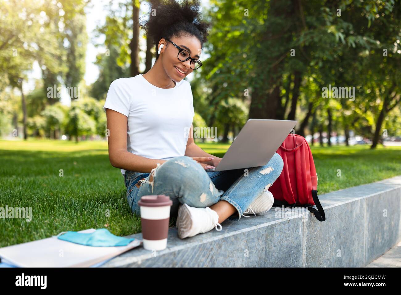 Modern Education. Black Girl Using Laptop Computer Learning Online ...