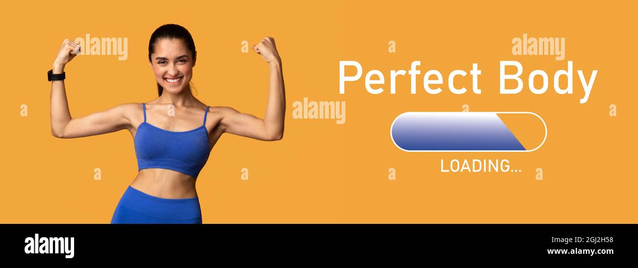 Happy young lady in sportswear demonstrating her biceps muscles ...