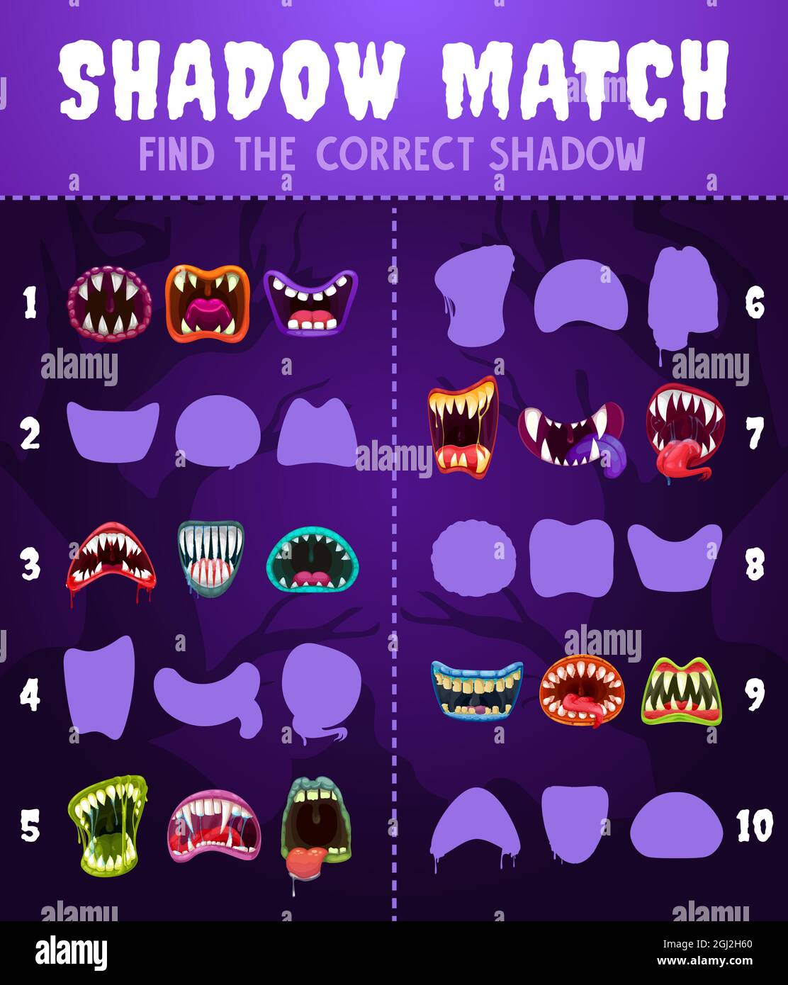 Kids game shadow match with monster mouths, children logic activity ...