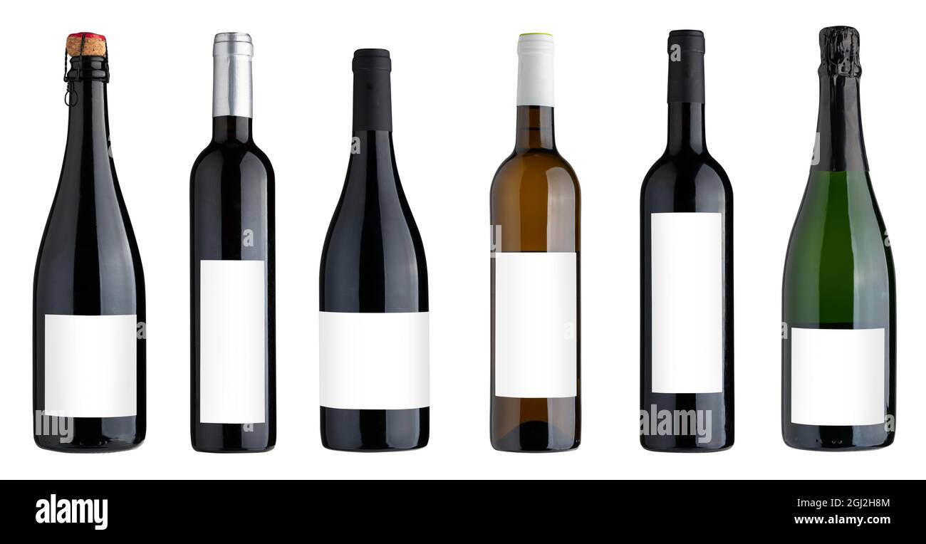 A group of six different glass bottles over a white background Stock ...