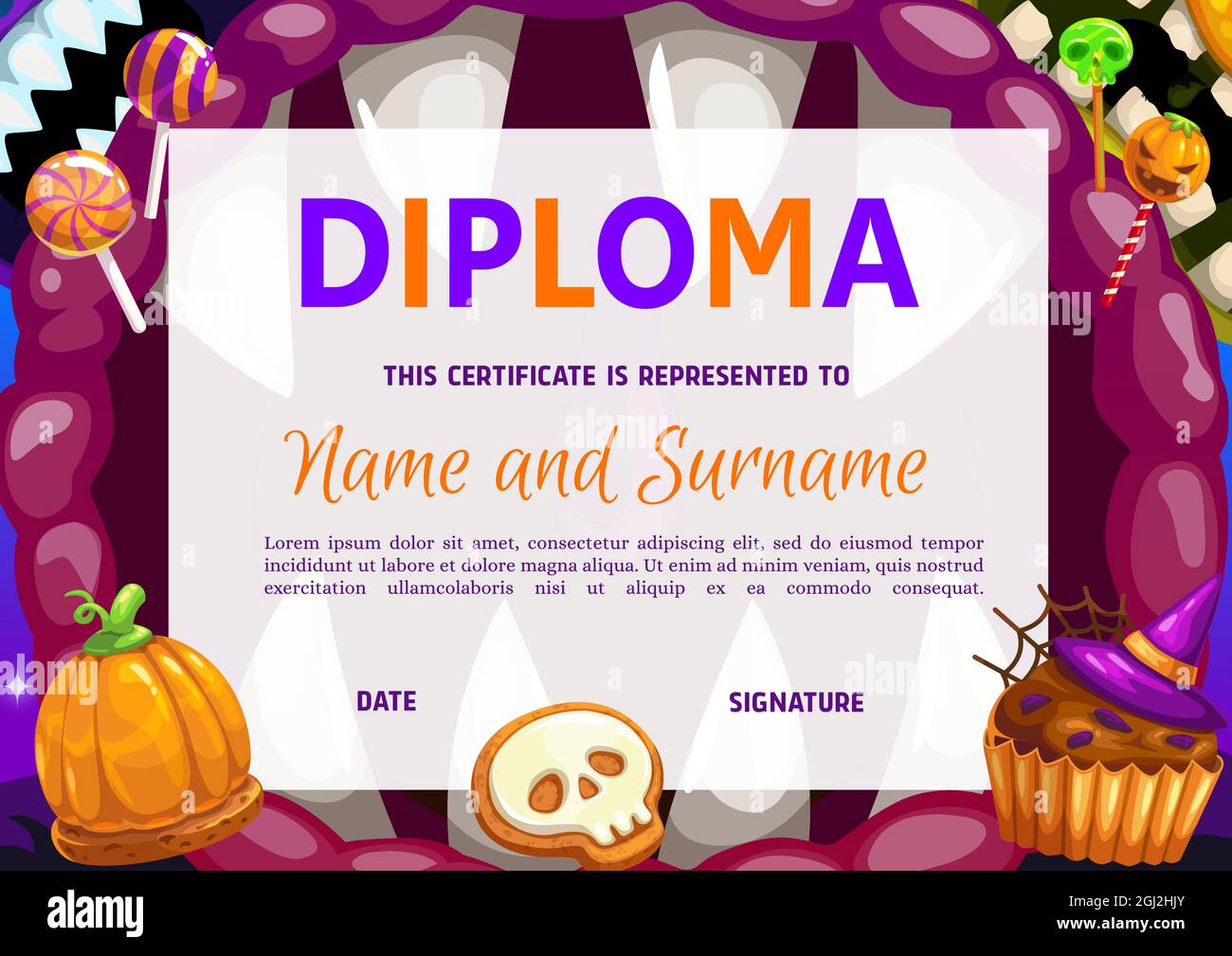 Kids diploma with Halloween vector sweets and monster mouth ...