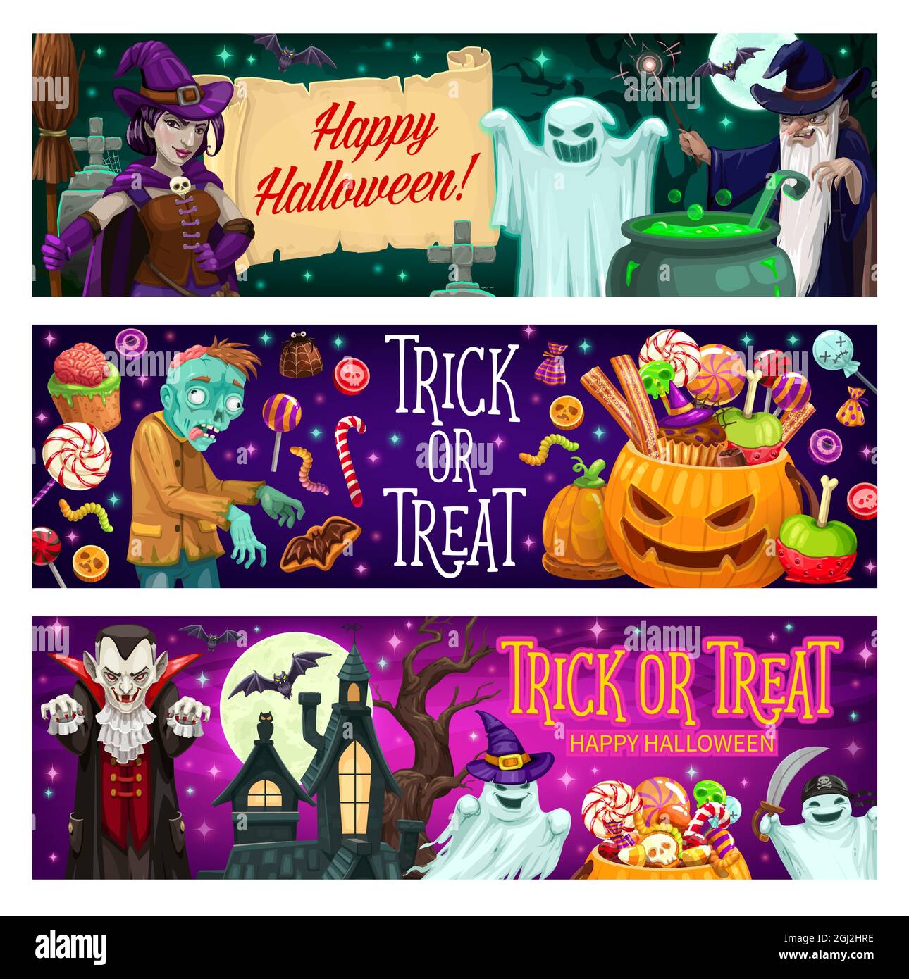 Halloween party cartoon vector banners. Witch hold broom, Jack-o ...