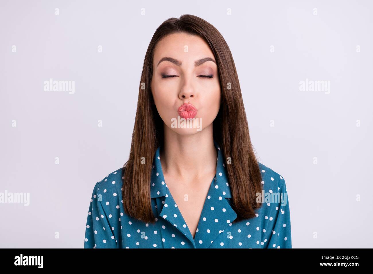 Portrait Of Attractive Amorous Dreamy Girl Wearing Formal Shirt Sending