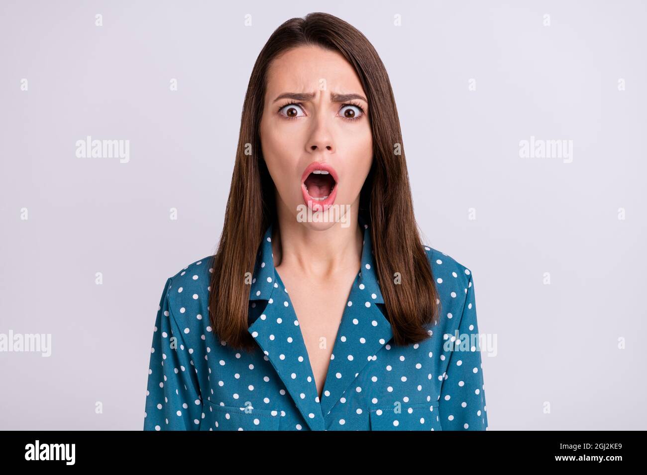 Portrait of attractive worried devastated girl specialist bad mood fail ...