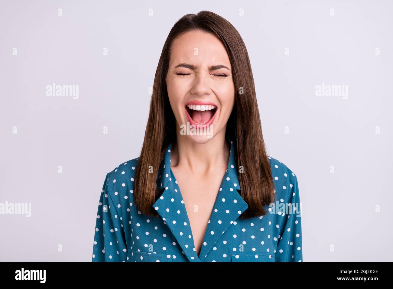 Portrait of attractive devastated desperate girl wearing formal shirt ...