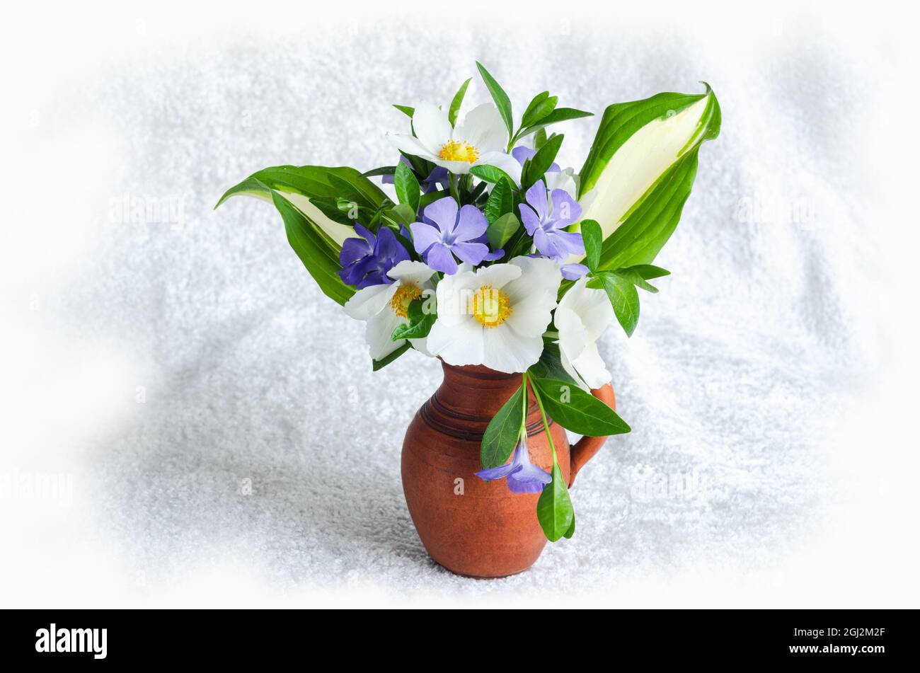 A small bouquet of spring flowers in a clay vase on a light background ...