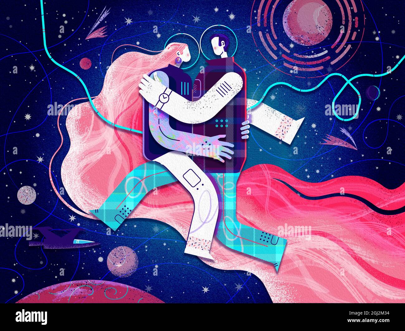 Couple, man and woman astronauts hug in space, soared in weightlessness ...