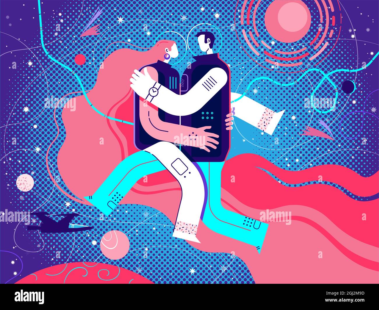 Couple, man and woman astronauts hug in space, soared in weightlessness ...