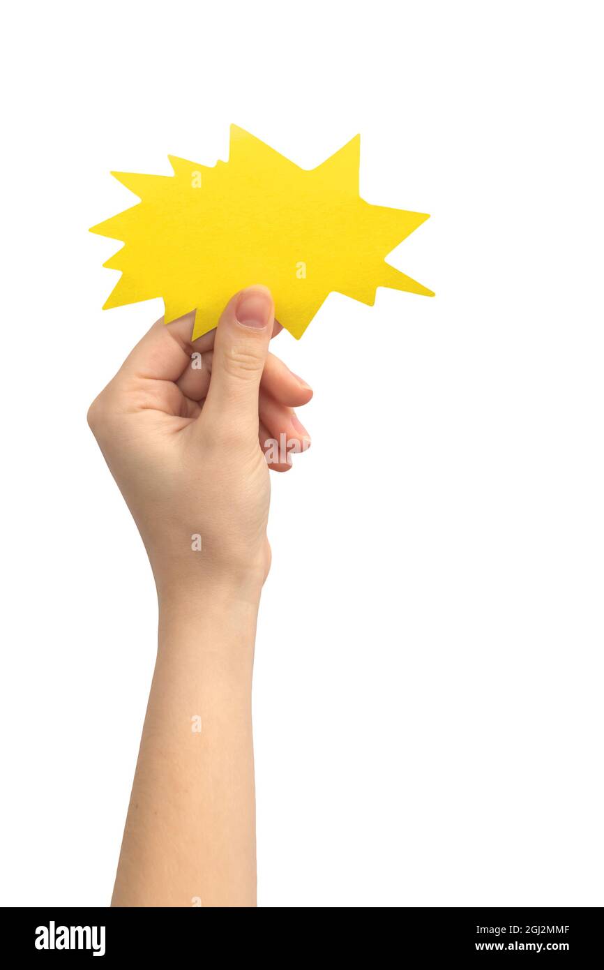 Boom speech bubble in female hand, isolated on a white background. Text ...