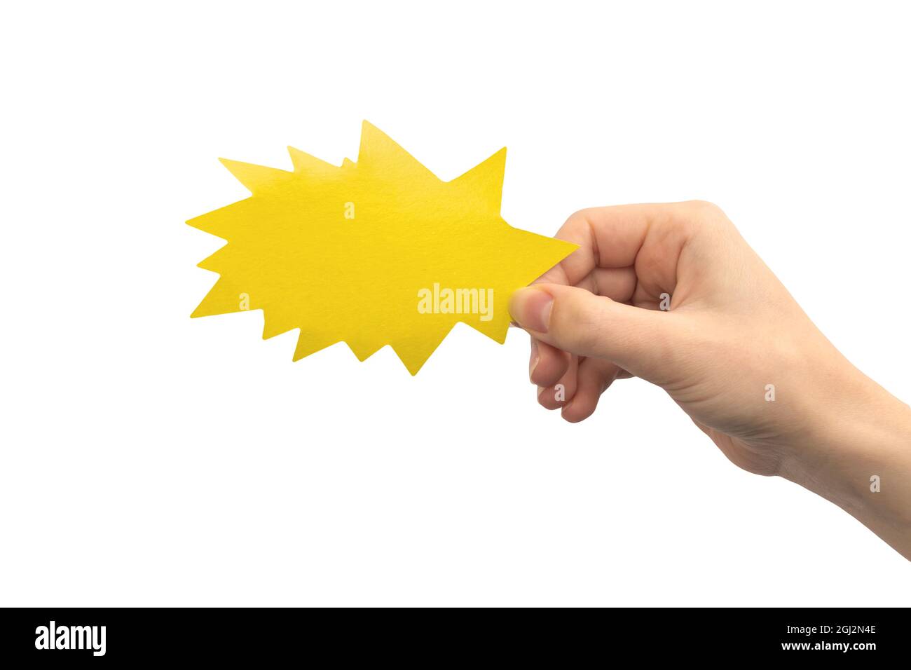 Yellow lightning or boom shape speech bubble in hand isolated on a ...