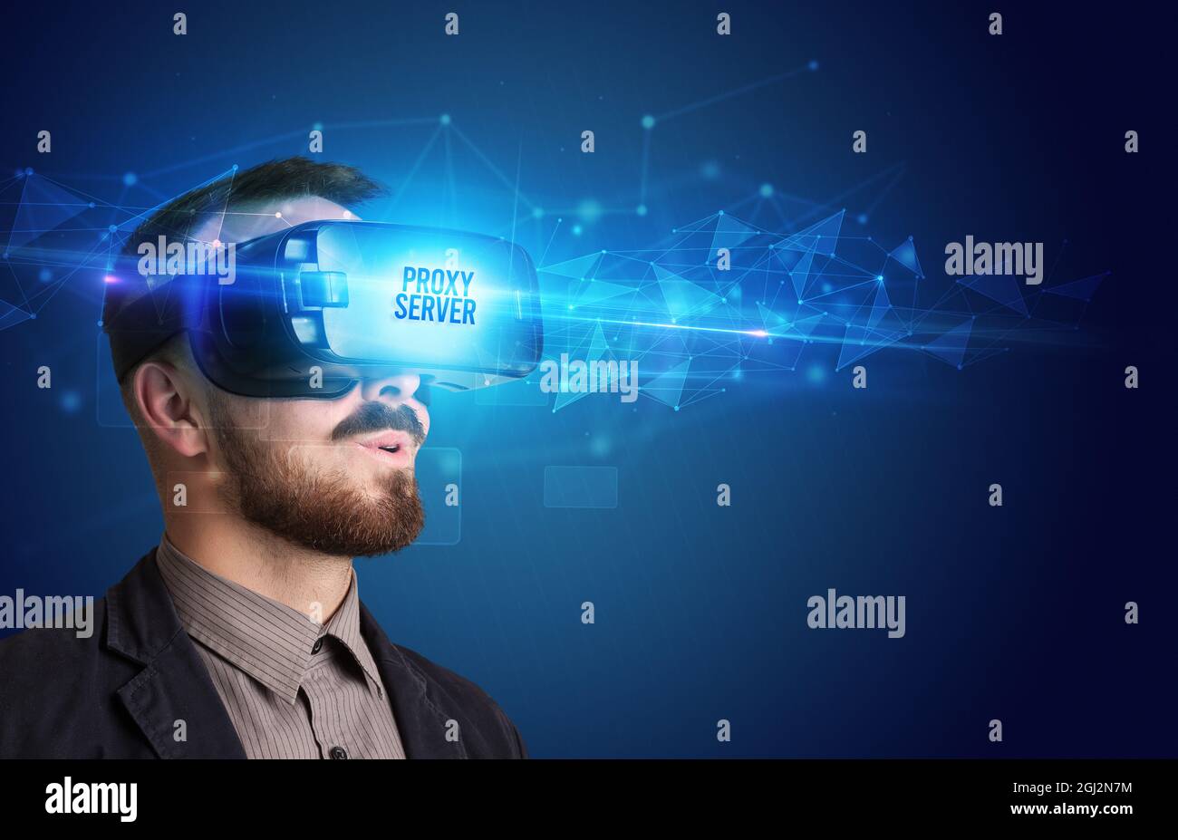Businessman looking through Virtual Reality glasses, virtual security ...