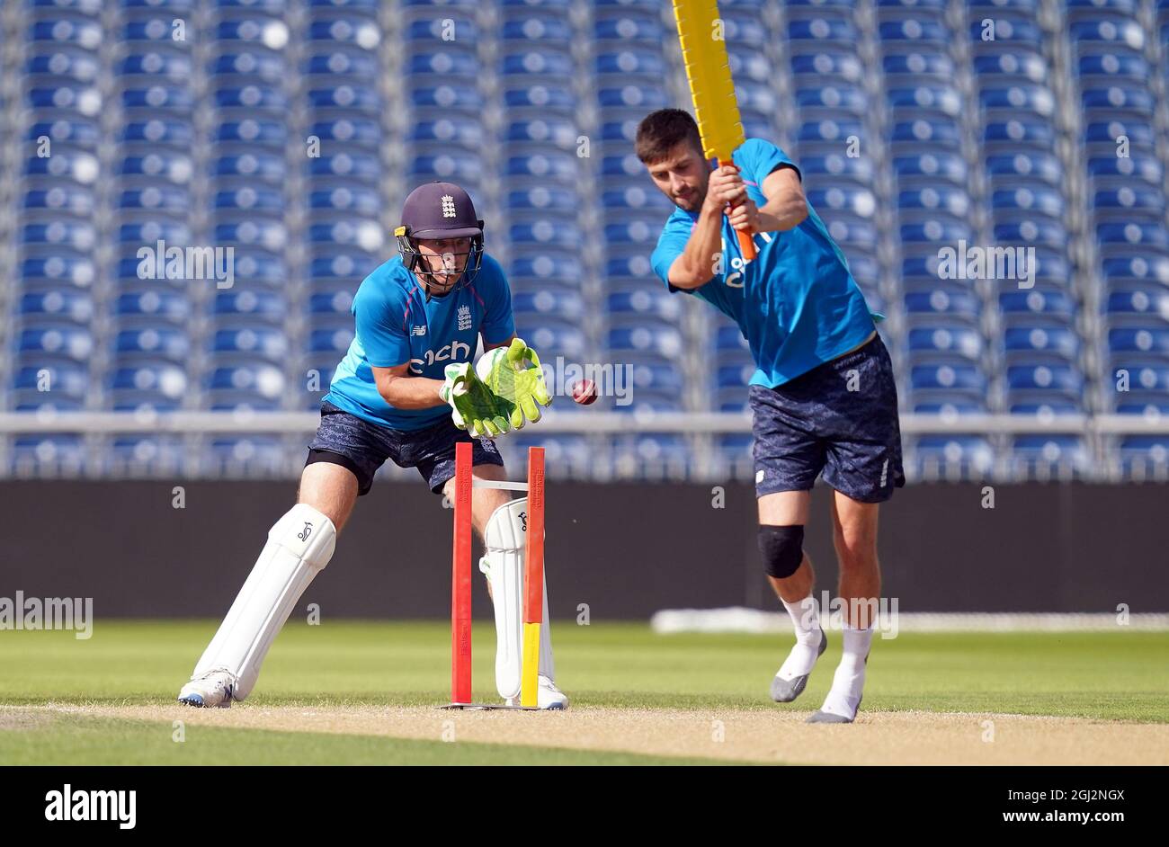 England's wicketkeeper Jos Buttler as Mark Wood bats during the nets ...