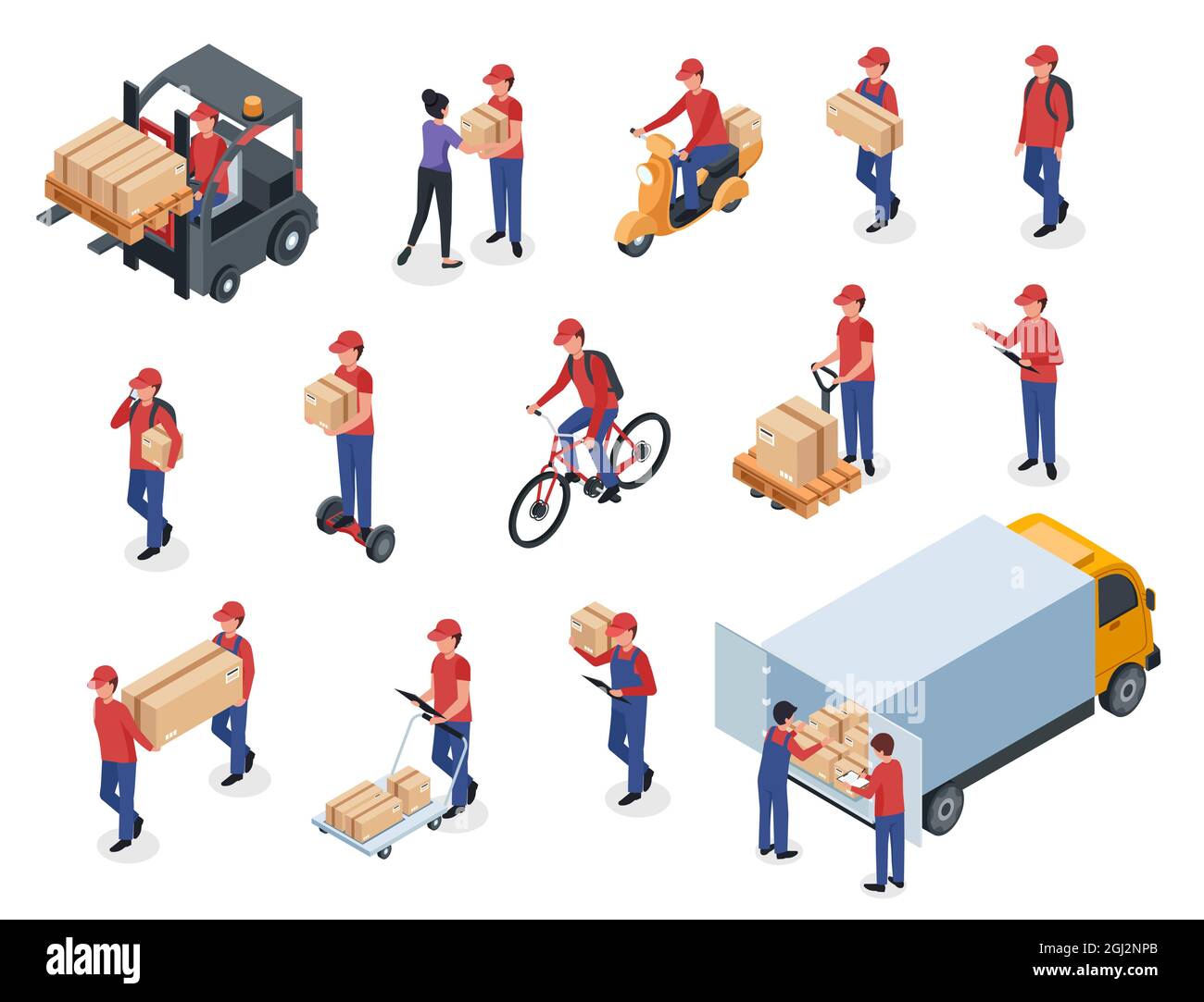 Isometric delivery men with boxes, warehouse workers, postmen. Couriers ...