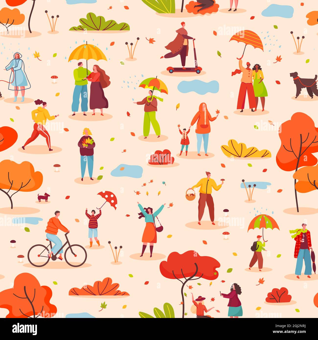 People with umbrellas walking in autumn park seamless pattern ...