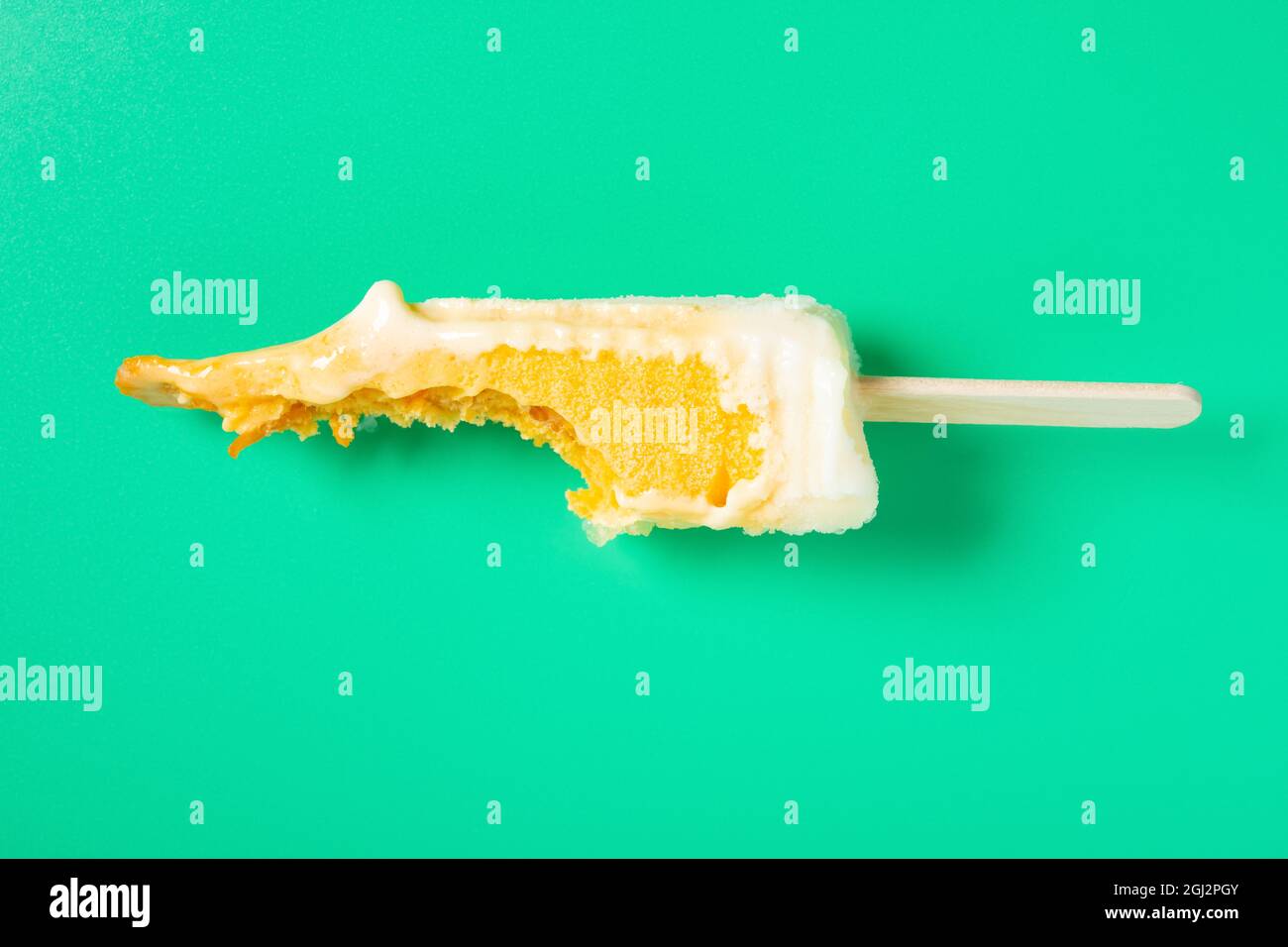 top view shredded pork popsicle with the last bit on a green background ...