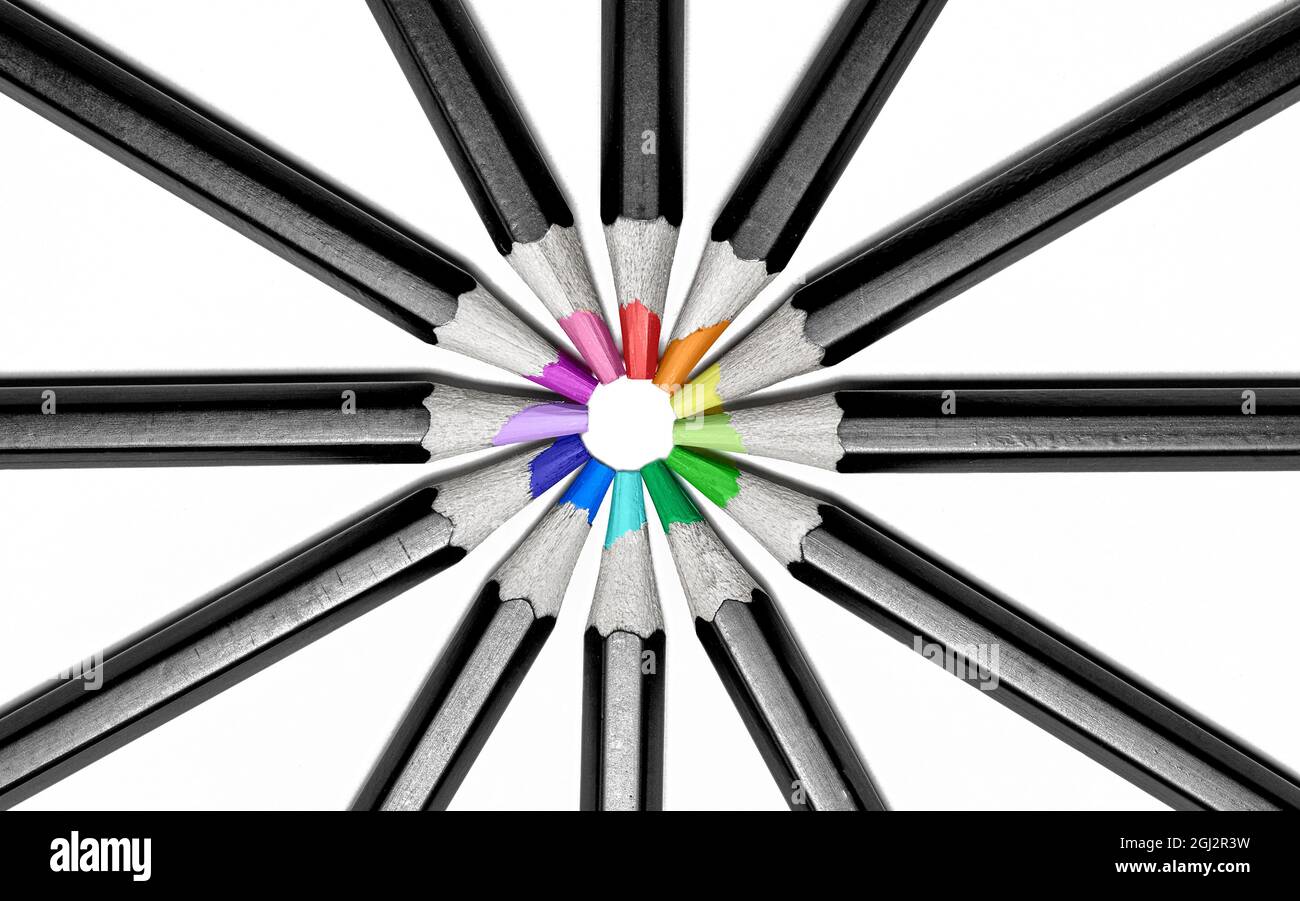 Grayscale of pencils in a round with white background Stock Photo - Alamy