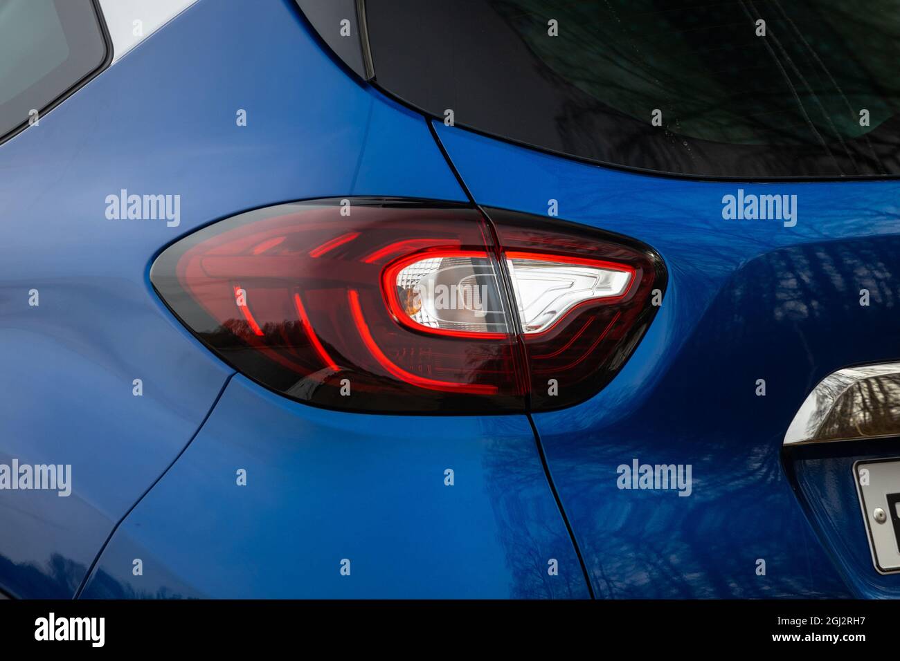 MOSCOW, RUSSIA - MARCH 12, 2021: rear view of stop lights of new blue ...