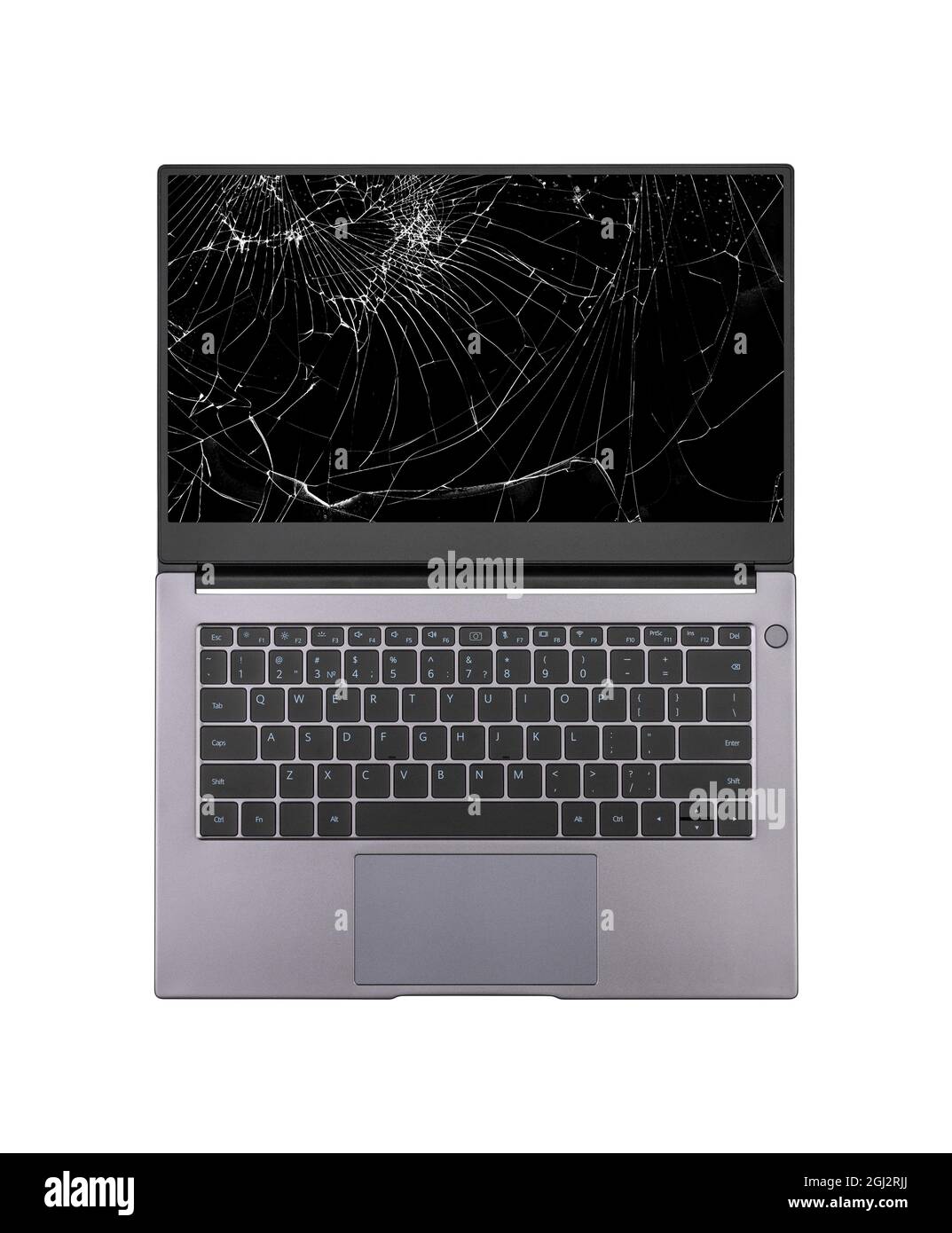 open laptop with a broken, cracked screen isolated on white background ...