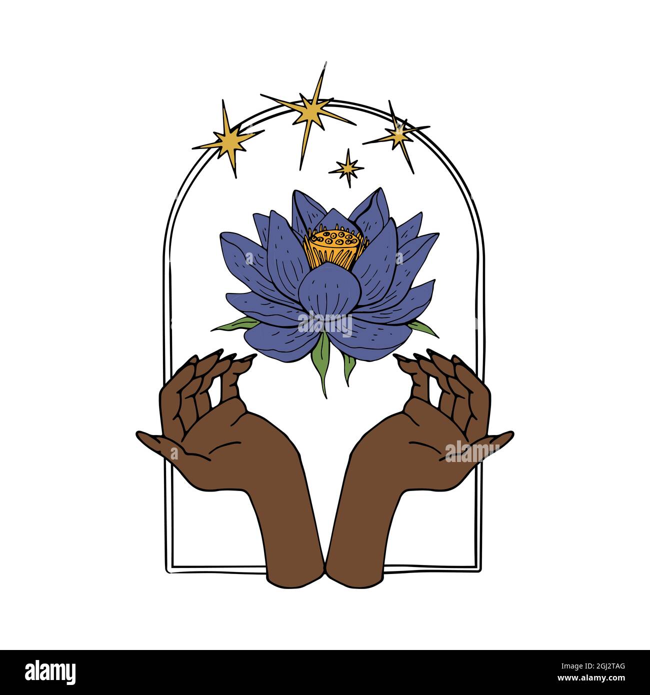 Vintage Mystic hands and lotus flower bloom inside arch with stars ...