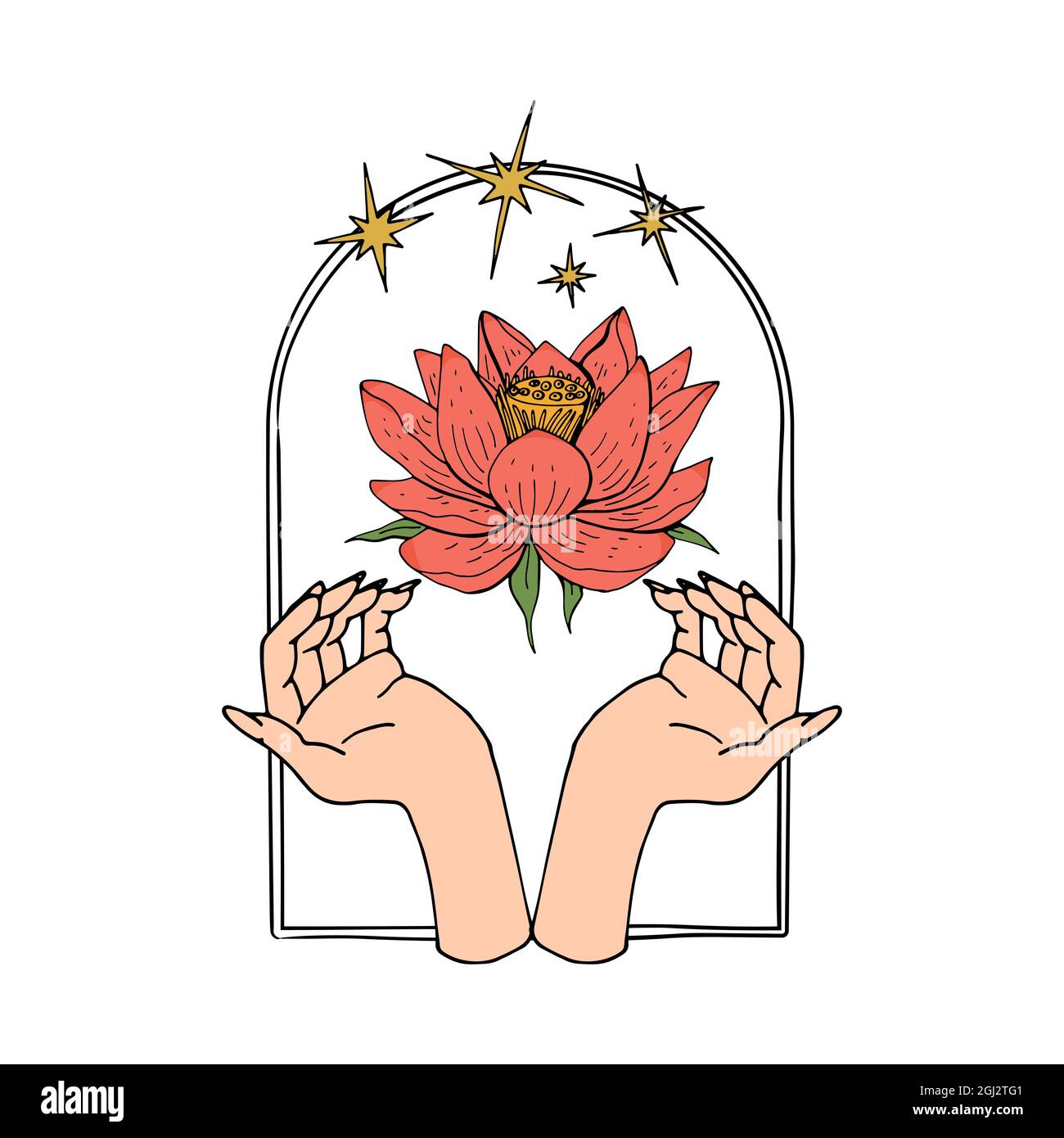 Vintage Mystic hands and lotus flower bloom inside arch with stars ...