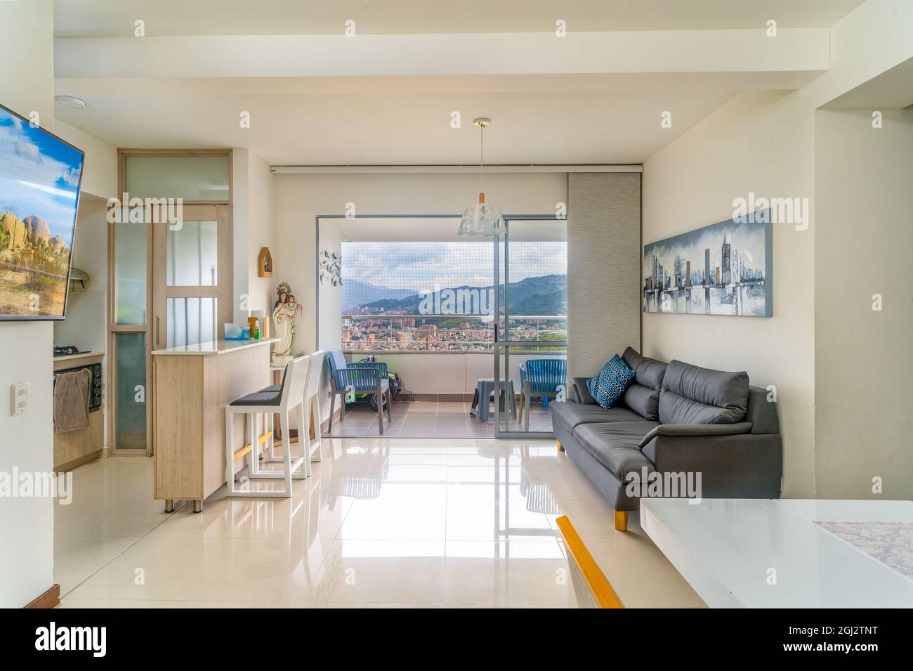 MEDELLIN, COLOMBIA - Jul 16, 2021: A beautiful modern living room ...