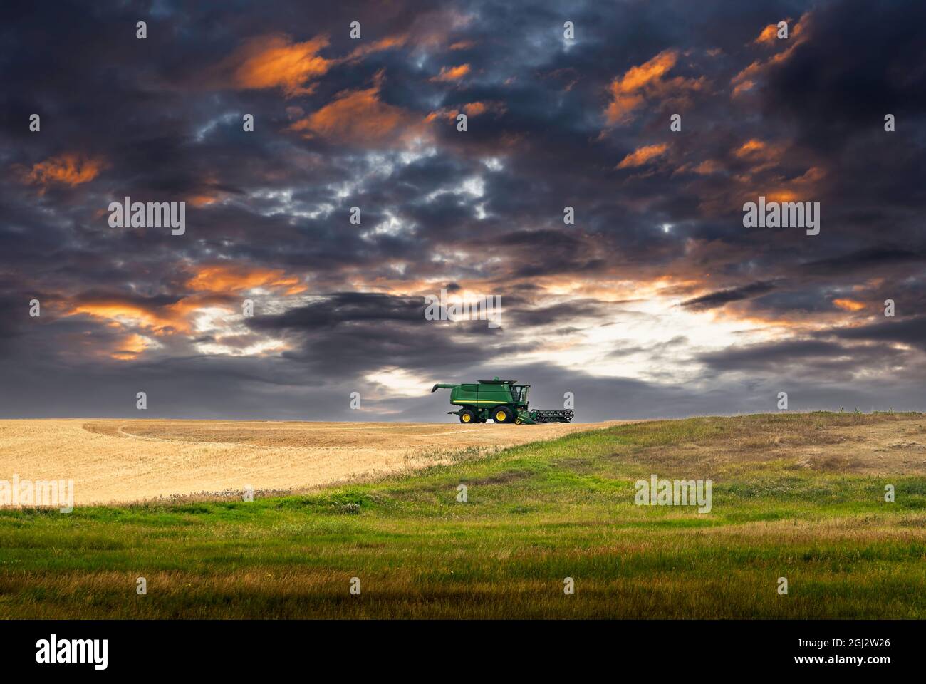 A combine parked on a Canadian prairies harvested wheat field in ...