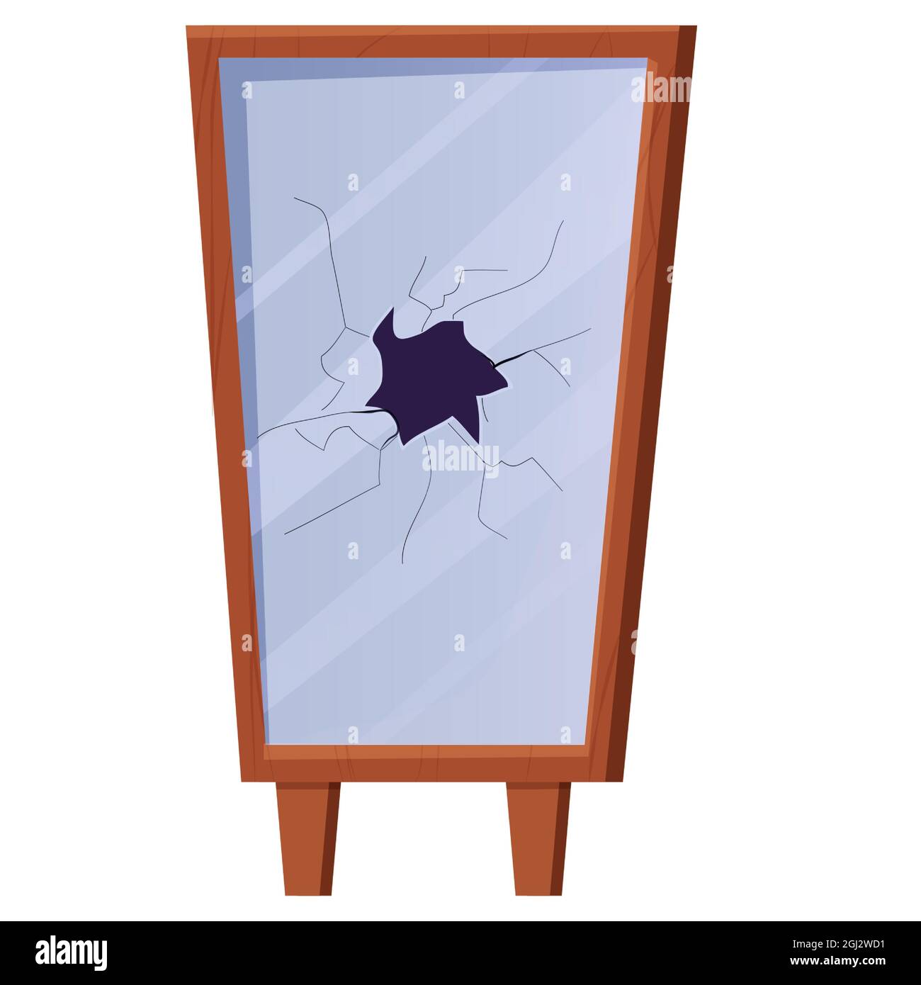Wooden frame with broken mirror in cartoon style isolated on white ...