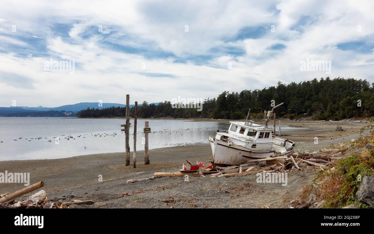 Shipwreck on the beach by the Pacific Ocean West Coast Stock Photo - Alamy