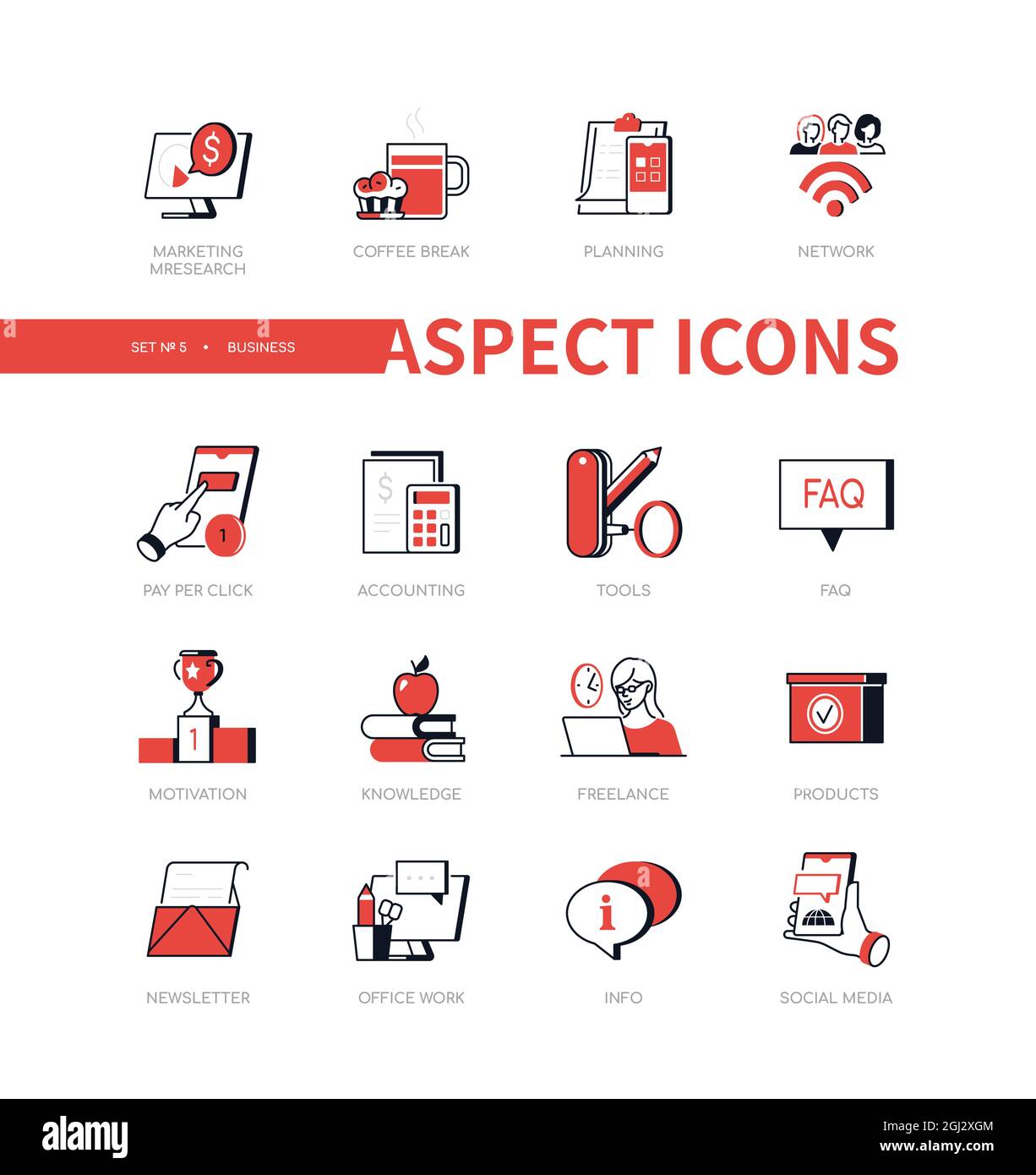 Business - modern line design style icon set with red flat elements ...