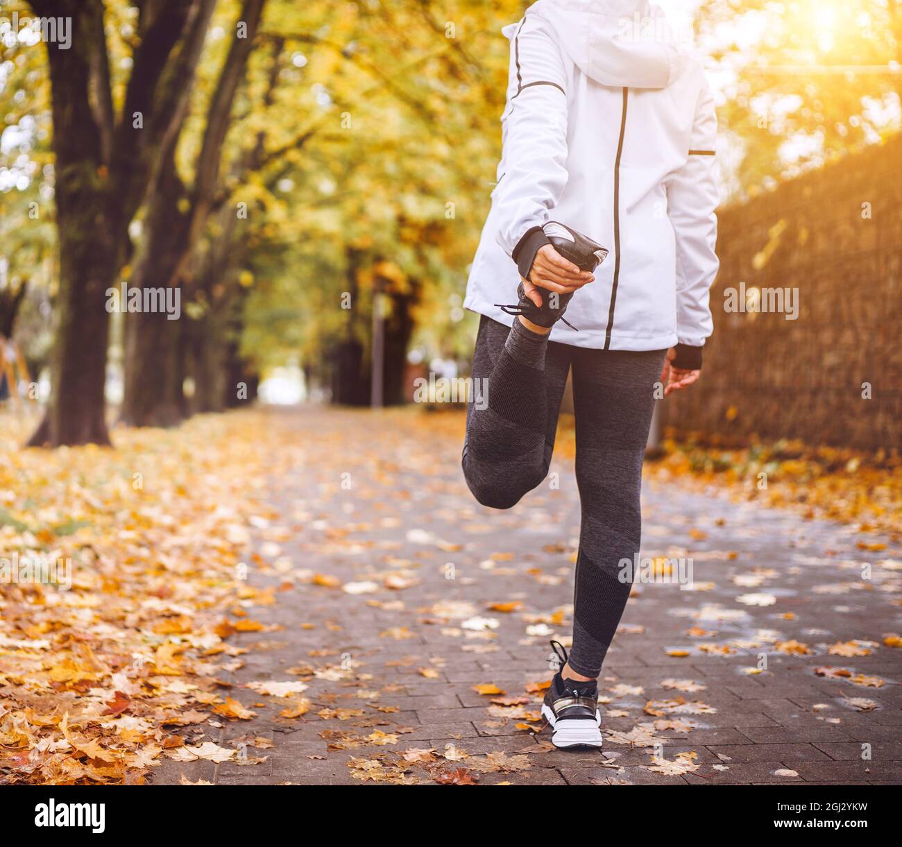 Fit athletic woman doing stretching before jogging in the autumnal city park. Young fitness ...