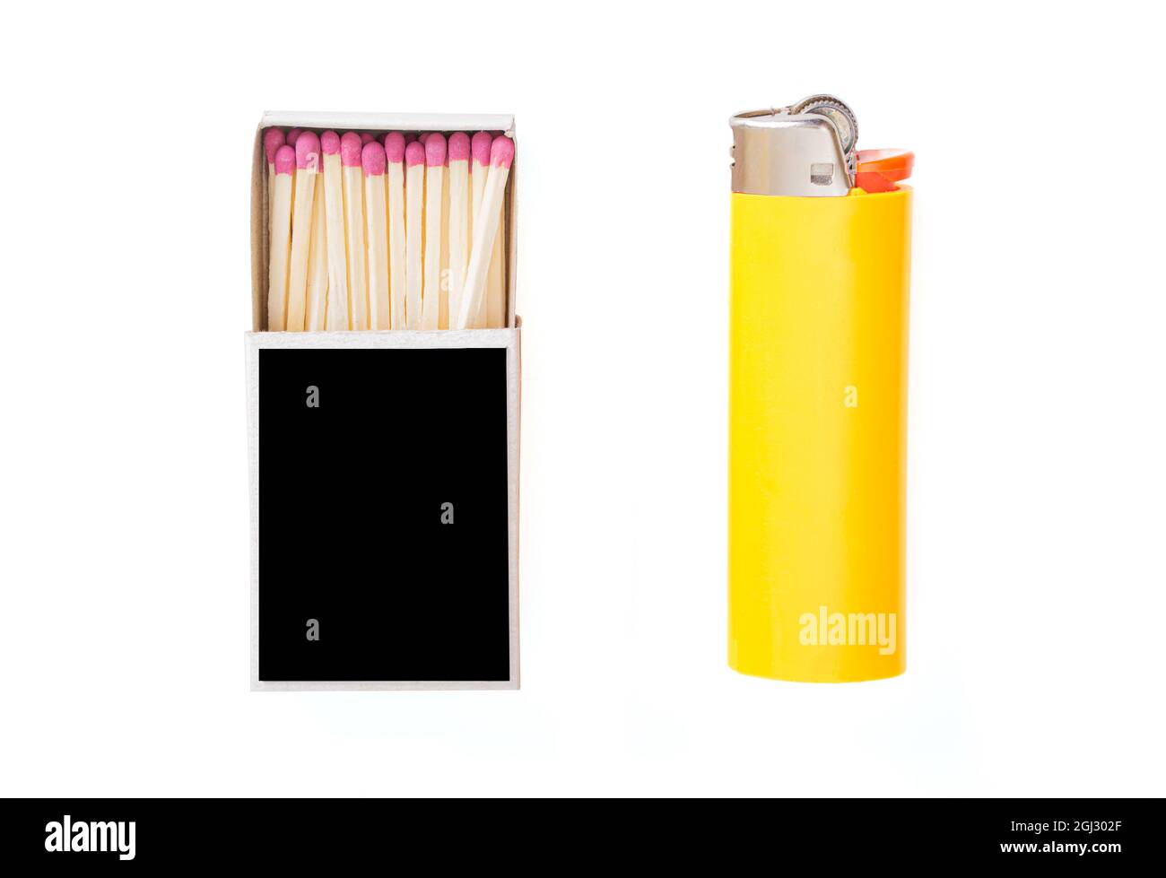 Open black matchbox and a yellow lighter isolated on white Stock Photo ...