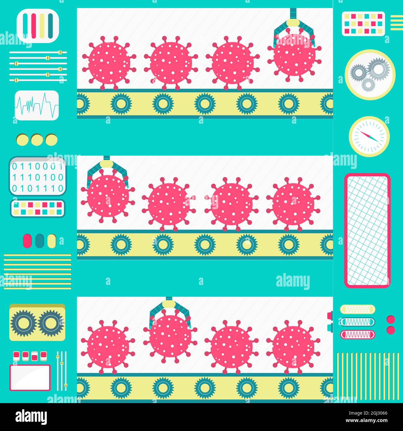 Virus factory with machines, conveyor and gripper. Flat design Stock ...