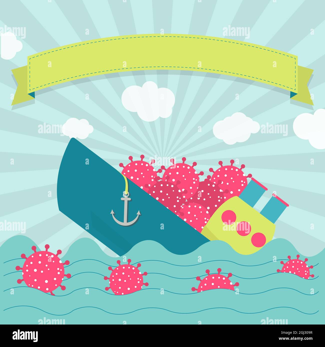 Cargo ship sinking with virus. Virus floating on the sea. Blank ribbon ...