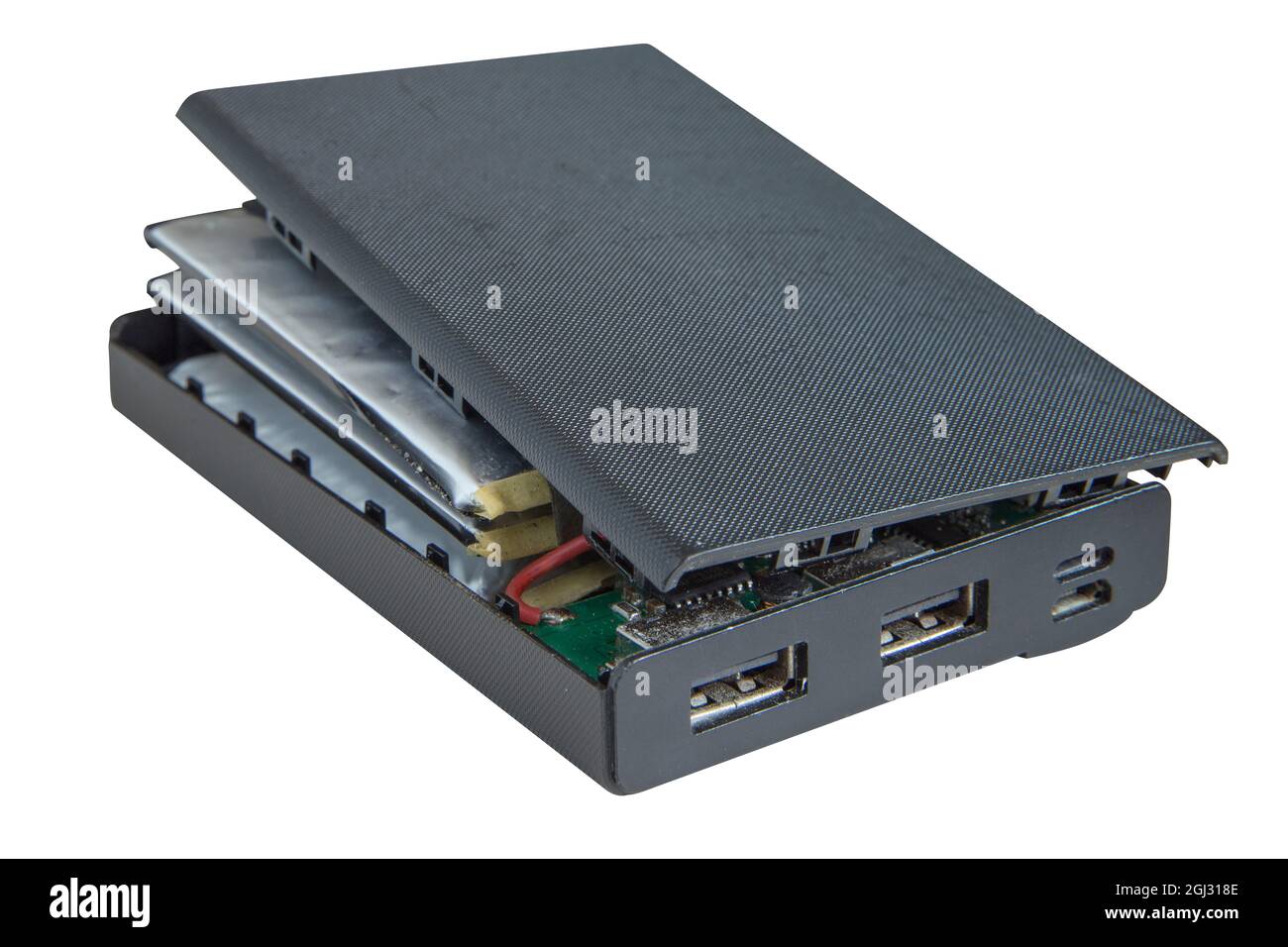 Close up broken black power bank and damaged on white background, focus ...