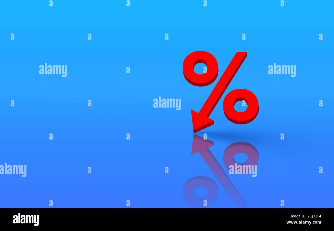 Reduction and Discounts Concept. 3D red Percent On Blue background with ...