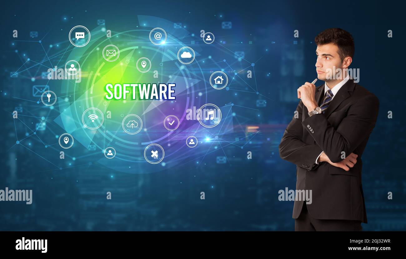 Businessman thinking about modern technology Stock Photo - Alamy