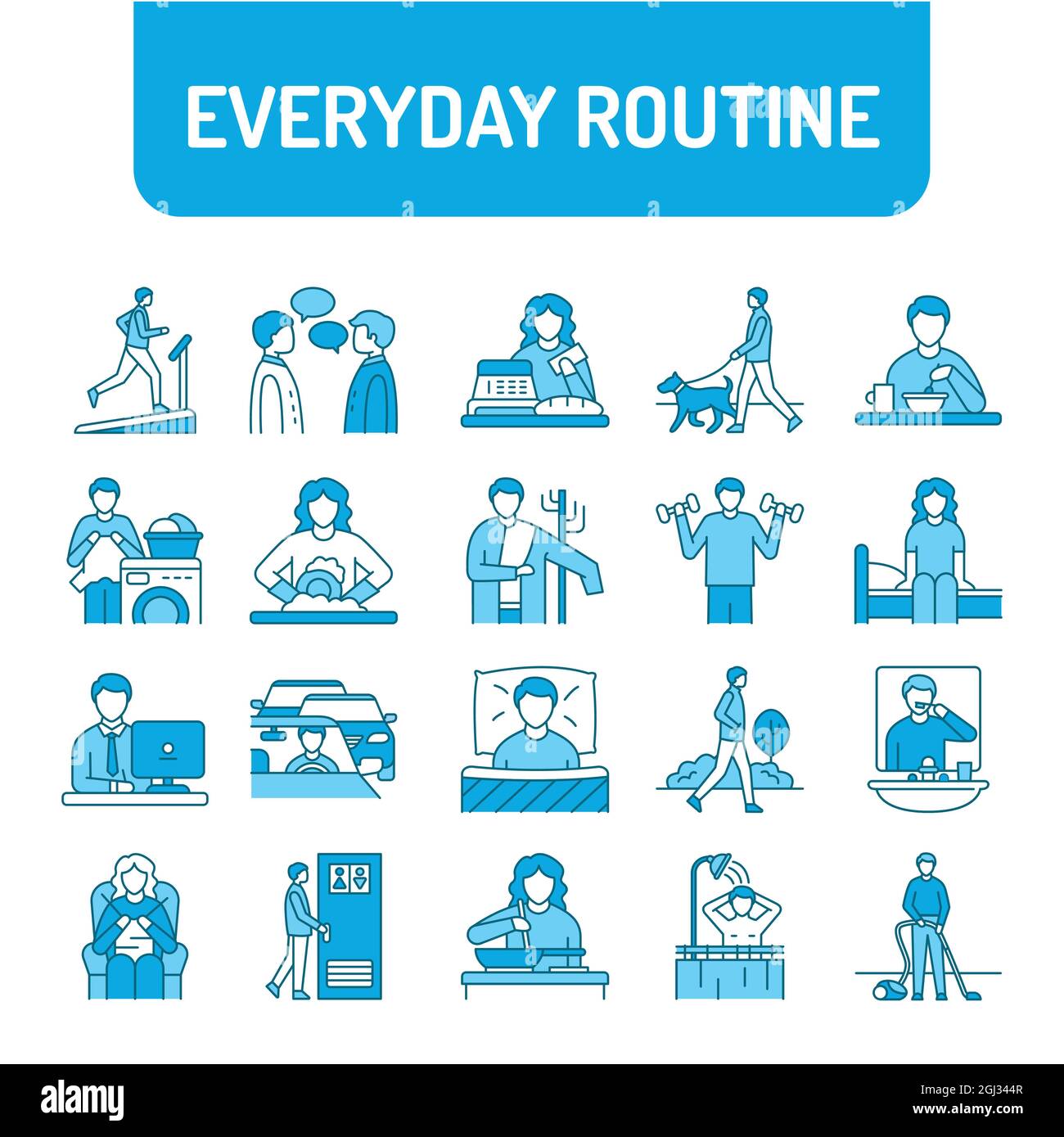 Everyday routine color line icons set. Isolated vector element. Outline ...