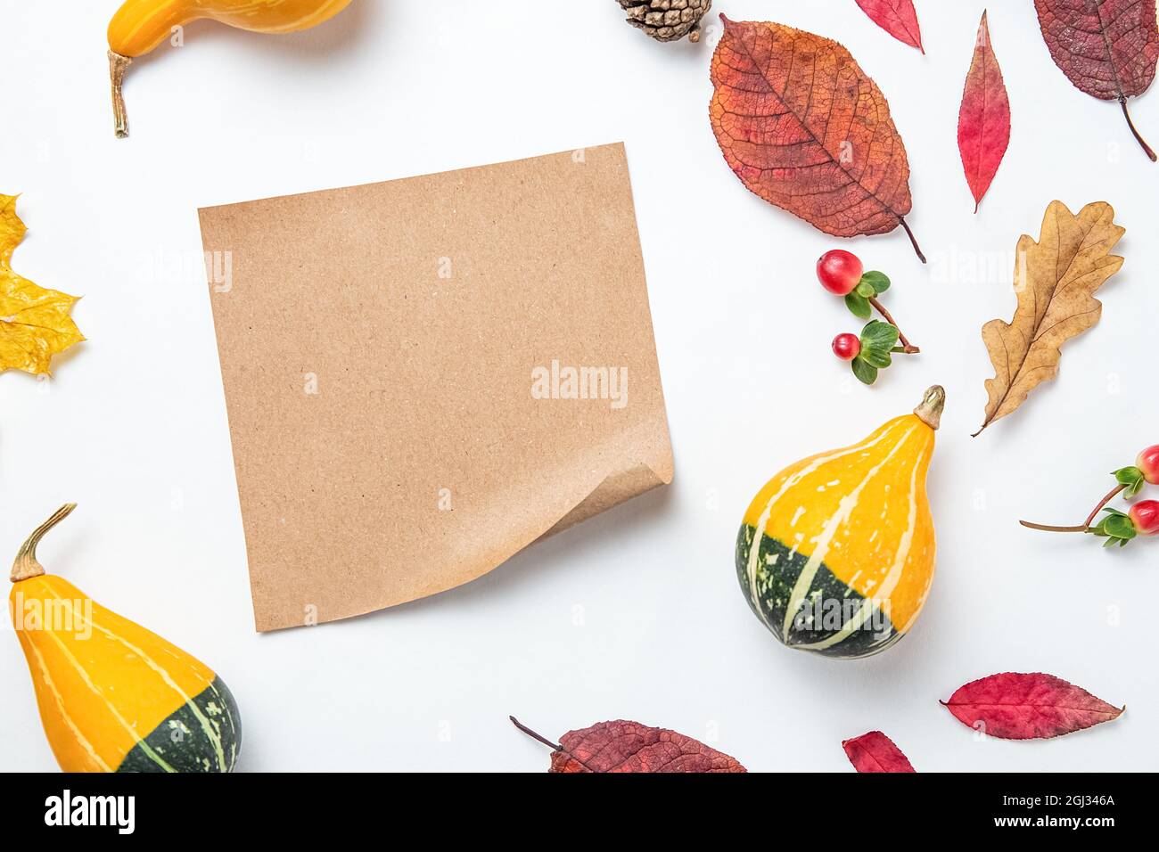 Craft paper blank frame and autumn leaves, pumpkin, background. Autumn ...