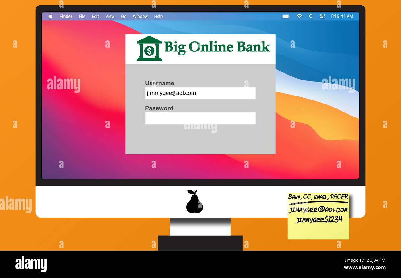 Computer screen with a simple password on a post-it note showing a lack ...