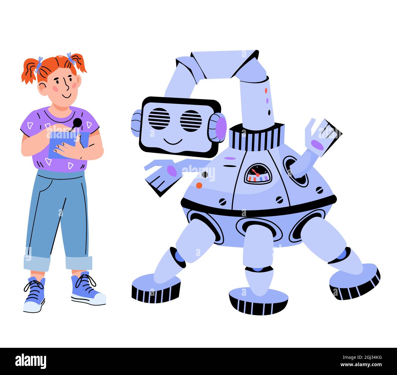 Child robotics with child controlling robot, flat vector illustration ...