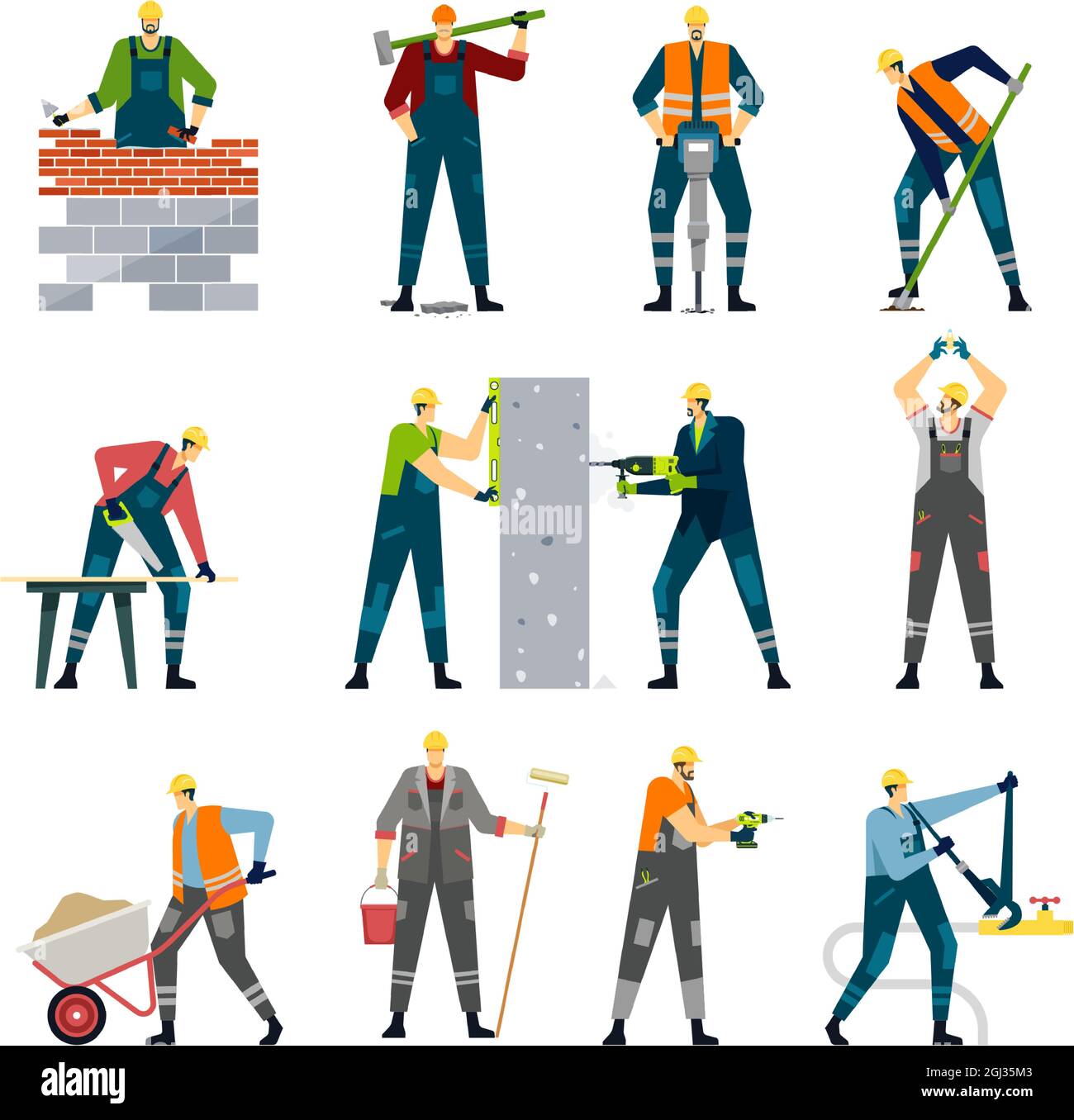 Construction workers with professional tools, house builders at work ...