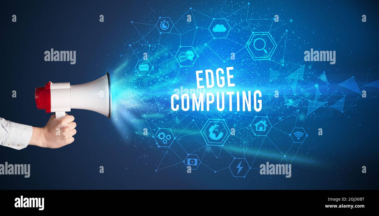 Young woman shouting in megaphone, technology announcement concept ...