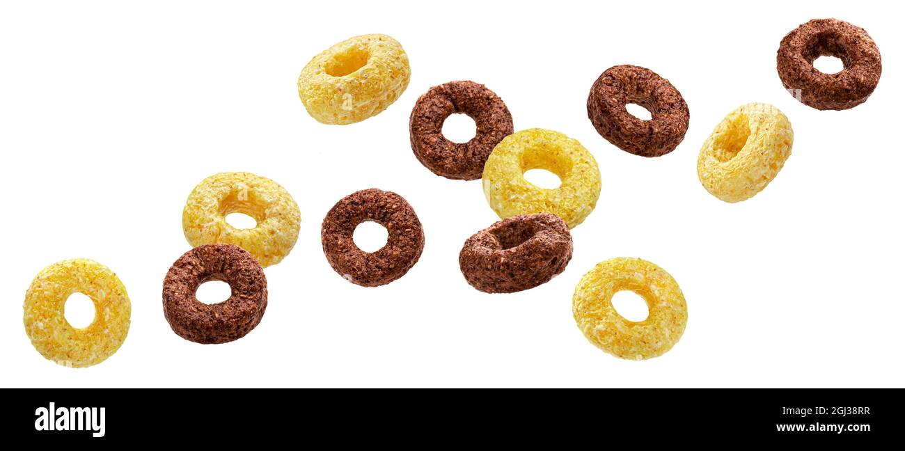 Falling chocolate corn rings isolated on white background Stock Photo ...