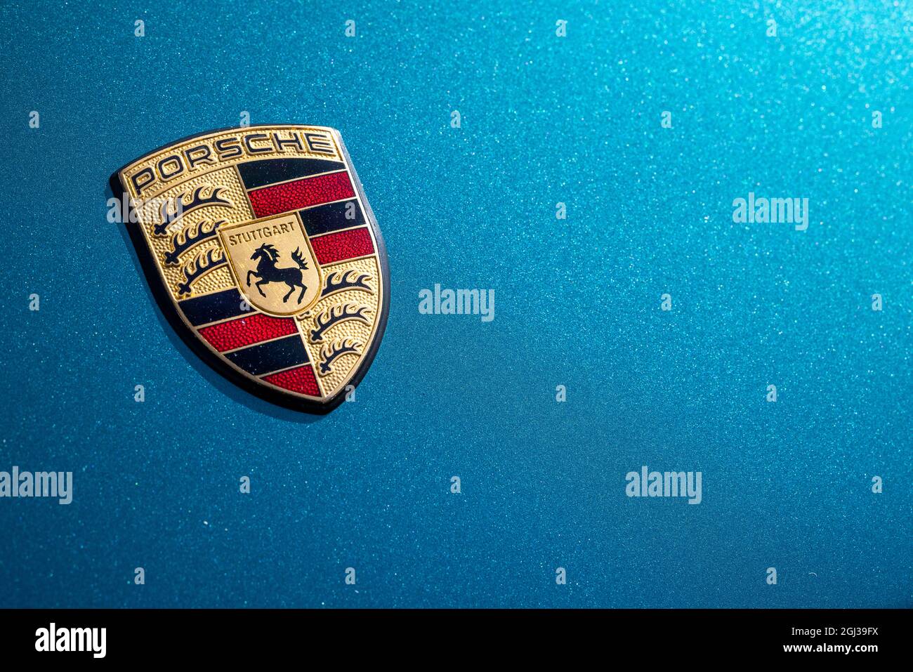 Porsche bonnet badge on display at the Concours d'Elegance held at ...