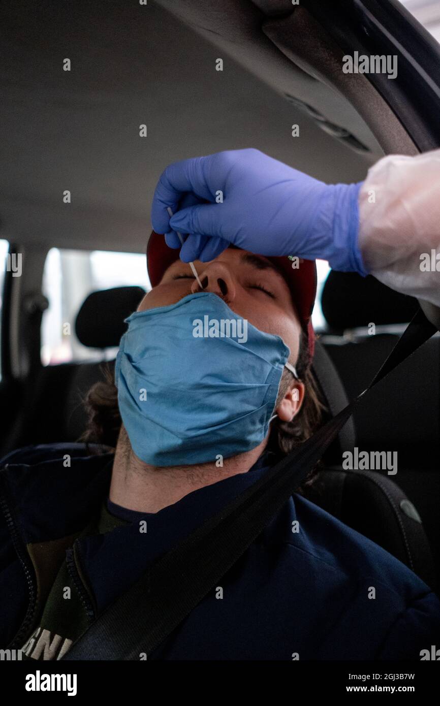 Screening center and PCR testing for people in vehicles at the Liege ...
