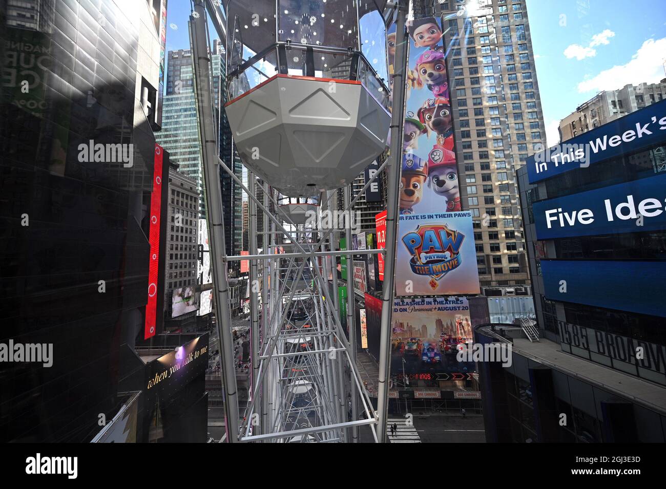A wide view of the ferris wheel setup along Broadway in Times Square ...